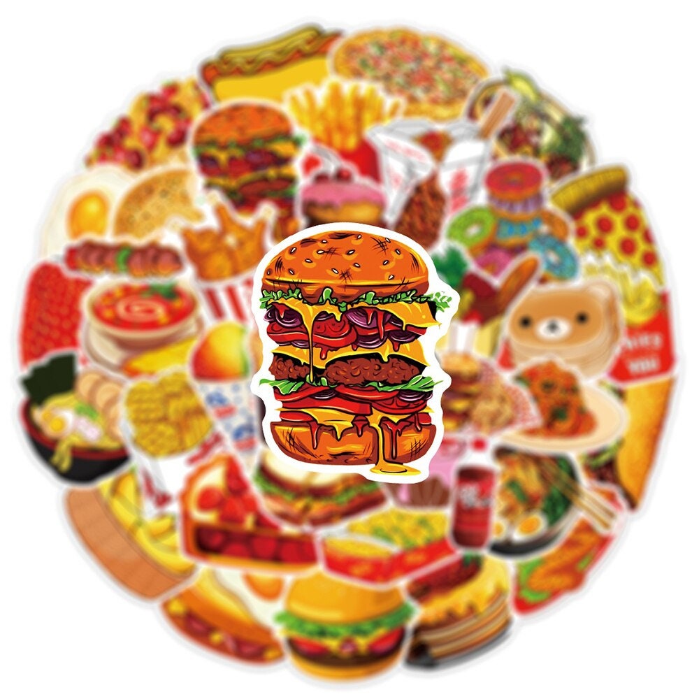 50 Delicious Food Stickers Pack Cute Cartoon Fast Food - Etsy
