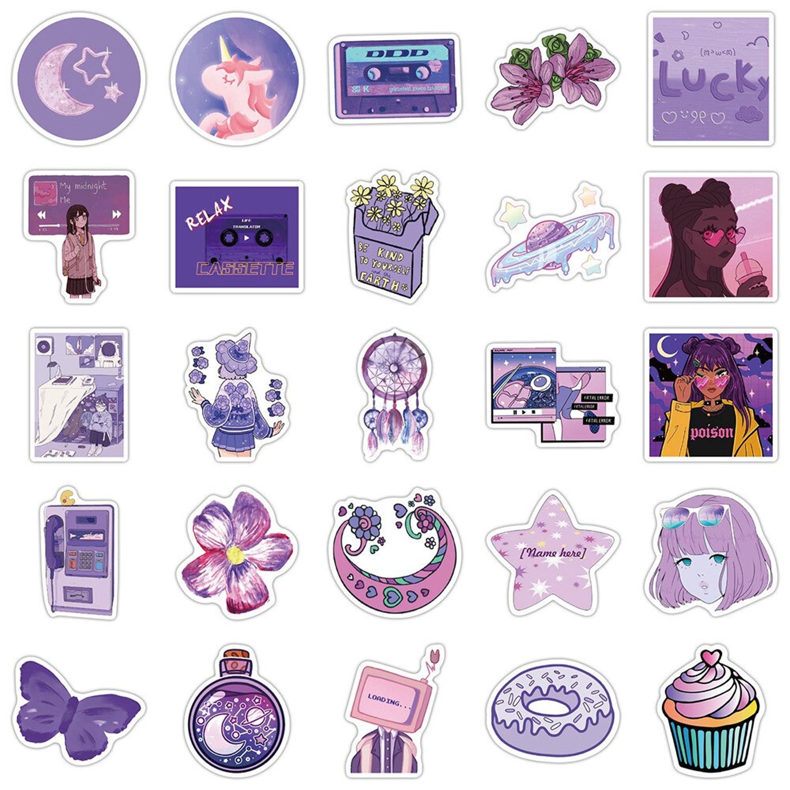 50 Cute Purple Stickers Pack Vsco Girl Aesthetic Waterproof - Etsy