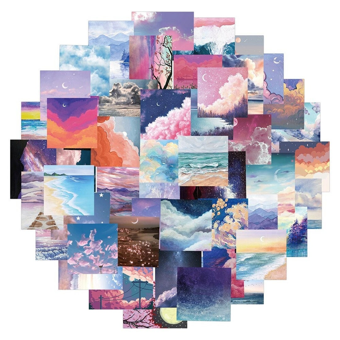 50 Aesthetic Landscape Stickers Pack, Pastel Clouds Sky Scrapbook ...