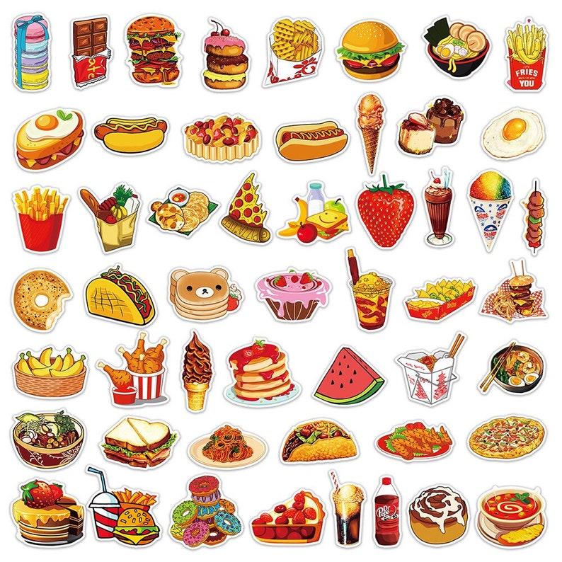 50 Delicious Food Stickers Pack Cute Cartoon Fast Food - Etsy
