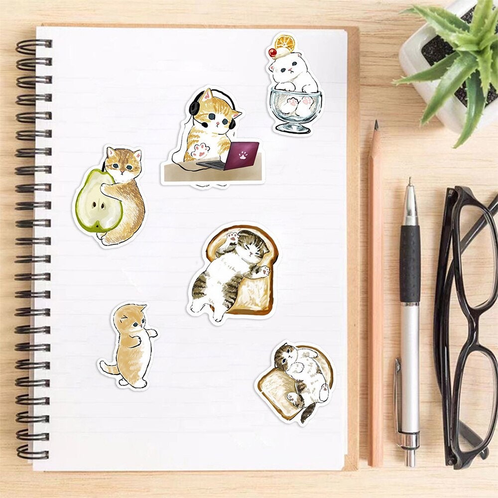 50 Cute Cats Stickers Pack, Kawaii Cat Waterproof Stickers for Laptop ...
