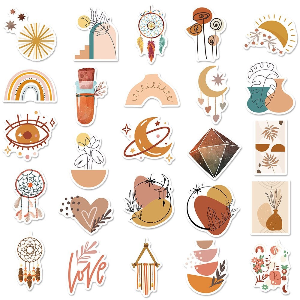50 Boho Stickers Pack, Cute Magic Bohemian Aesthetic Vinyl Stickers for ...