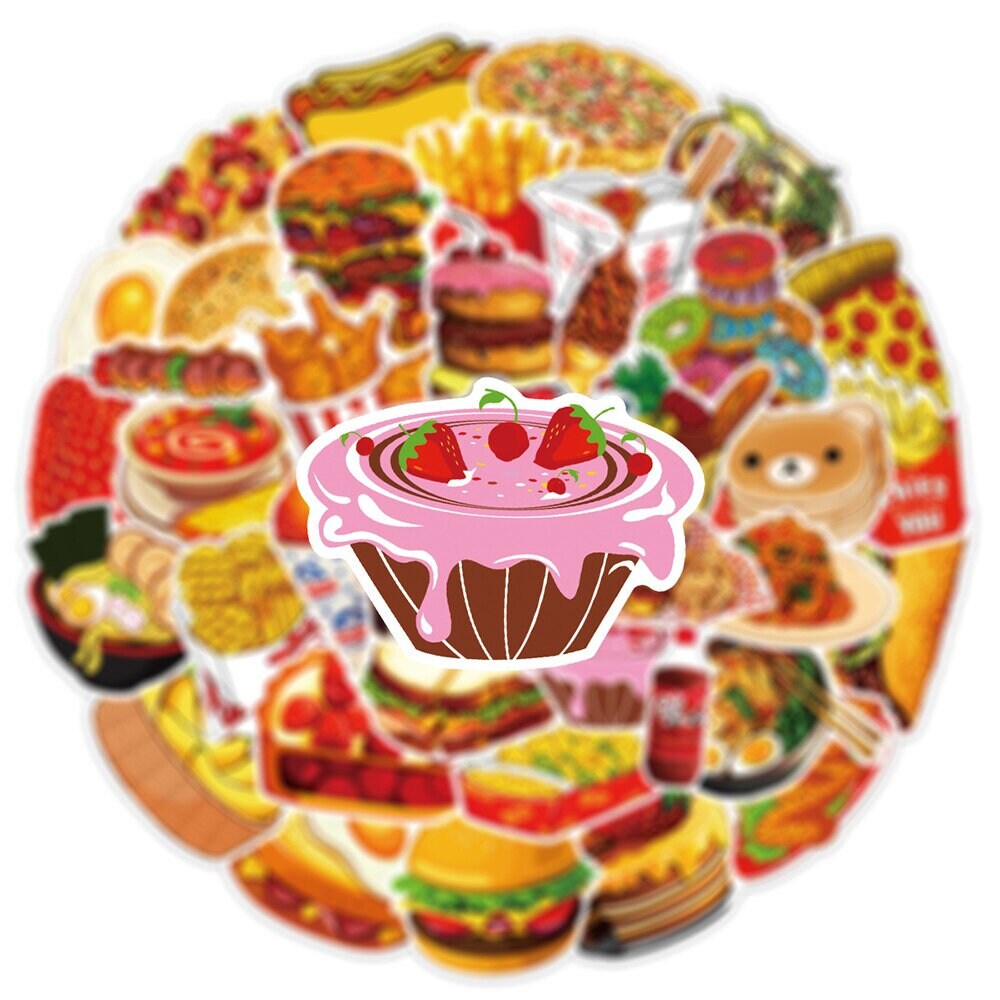 50 Delicious Food Stickers Pack Cute Cartoon Fast Food - Etsy