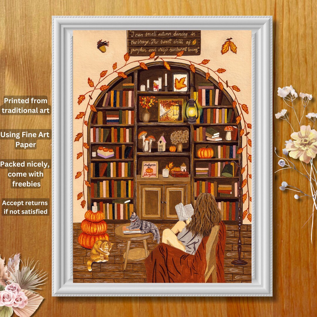 Art Print Cozy Autumn Reading Illustration, Fall Print Wall Art Decor ...