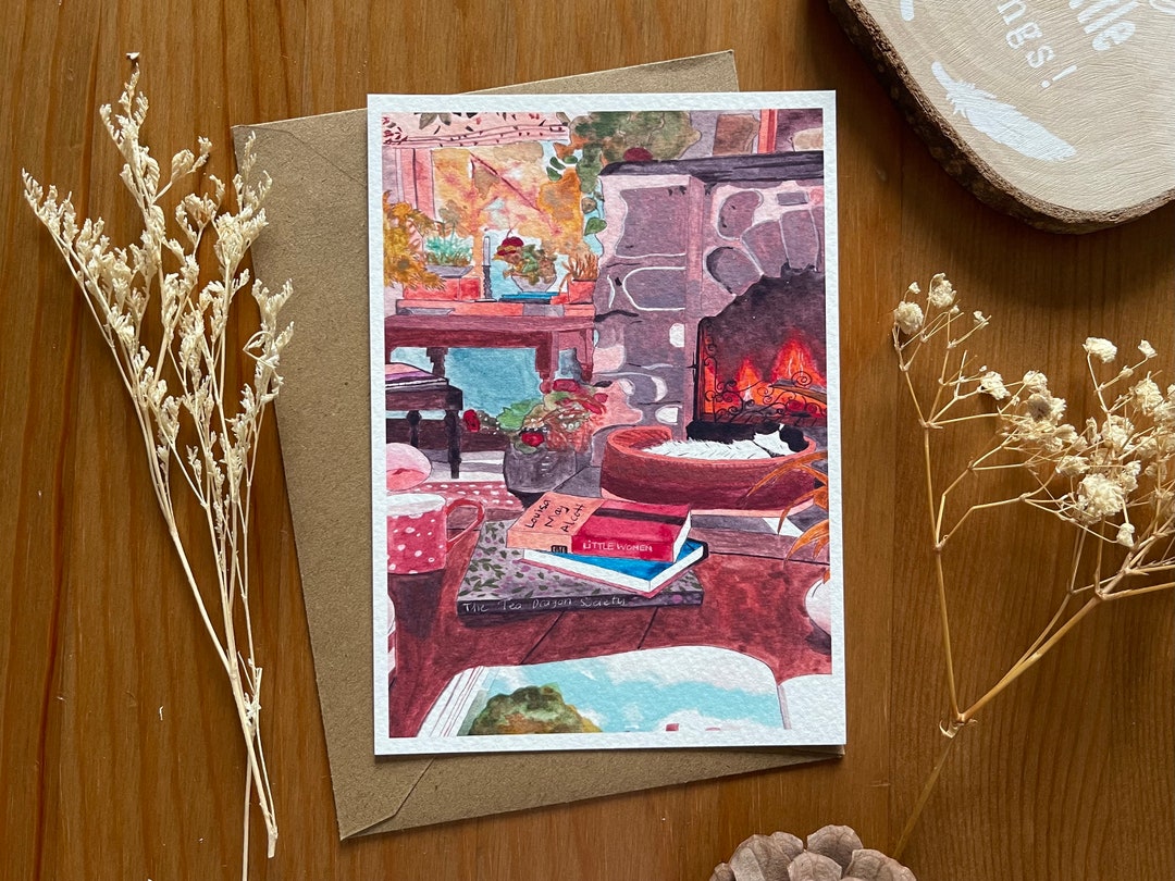 Postcard A6 Art Print. Cozy Cottage in Fall Season Illustration ...
