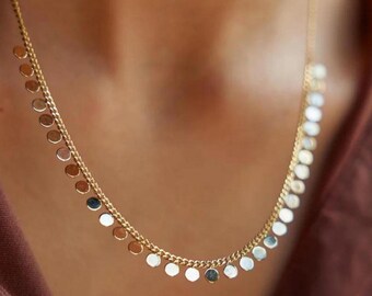 14k Real Gold Tiny Multi Disc Chain Necklace, Disc Choker Necklace ...
