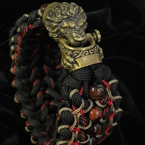 Paracord Bracelet Brass LION Head Clasp Black-red Natural Red Tiger Eye ...