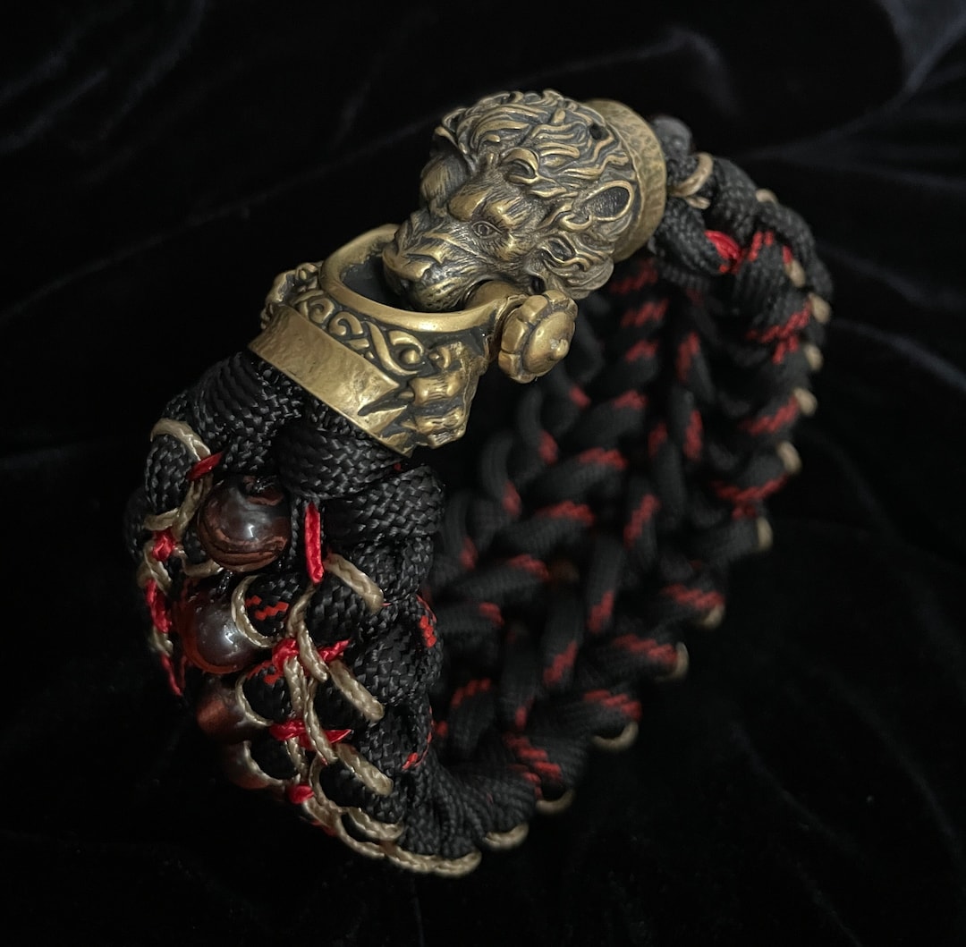 Paracord Bracelet Brass LION Head Clasp Black-red Natural Red Tiger Eye ...