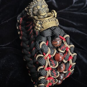 Paracord Bracelet Brass LION Head Clasp Black-red Natural Red Tiger Eye ...