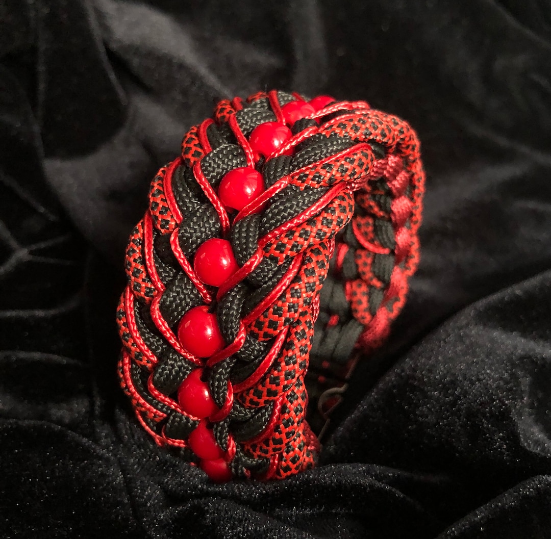 Paracord Bracelet With RED Coral Jade Beads and Metal Gun Black Clasp ...