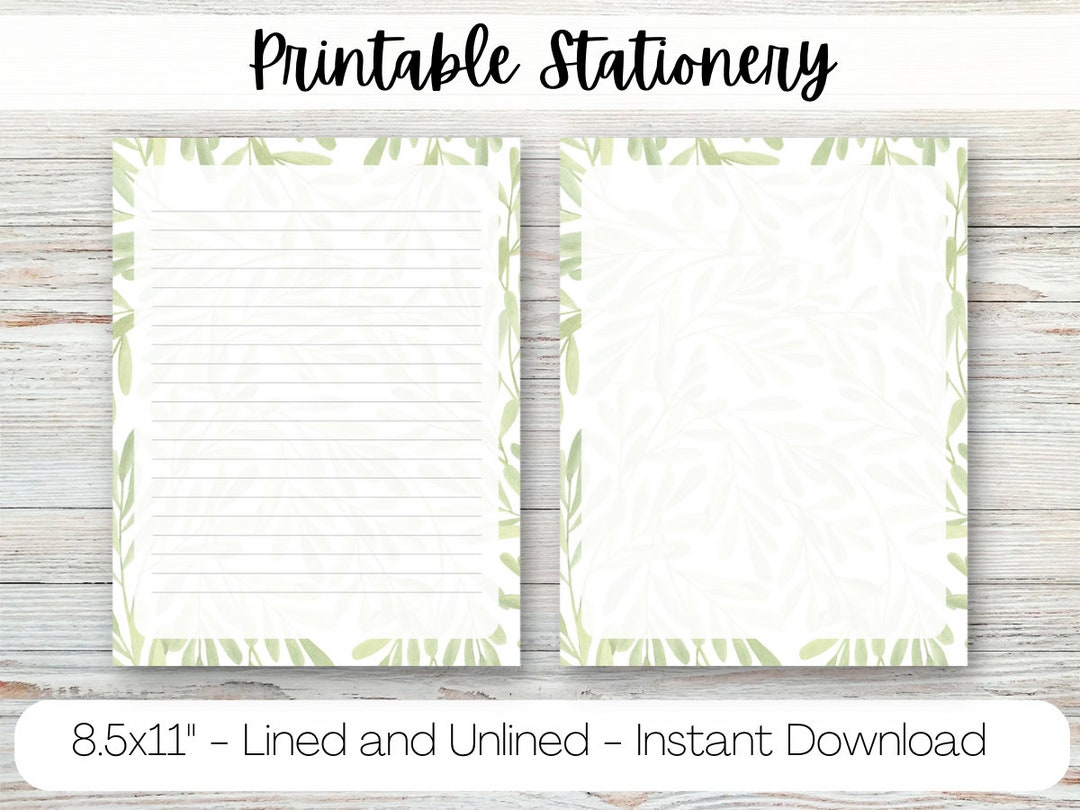 Printable Leaves Stationery, Digital Lined Paper, Unlined, US Letter ...