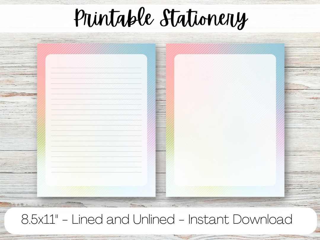 Printable Rainbow Pastel Stationery, Digital Lined Paper, Unlined, US ...