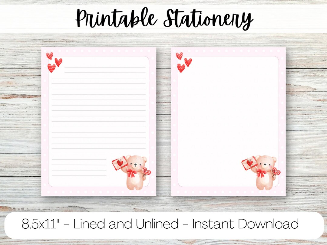 Printable Valentine's Day Stationery, Digital Lined Paper, Unlined, US ...