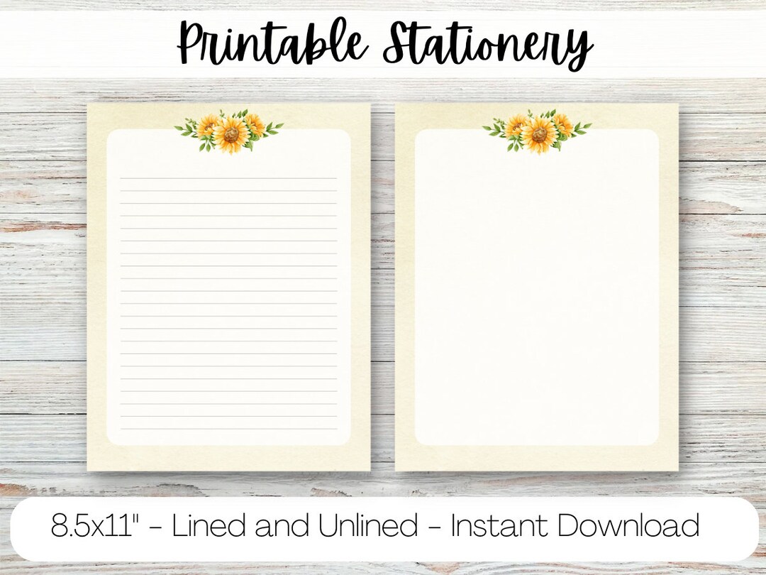 Printable Sunflower Stationery, Digital Lined Paper, Unlined, US Letter ...