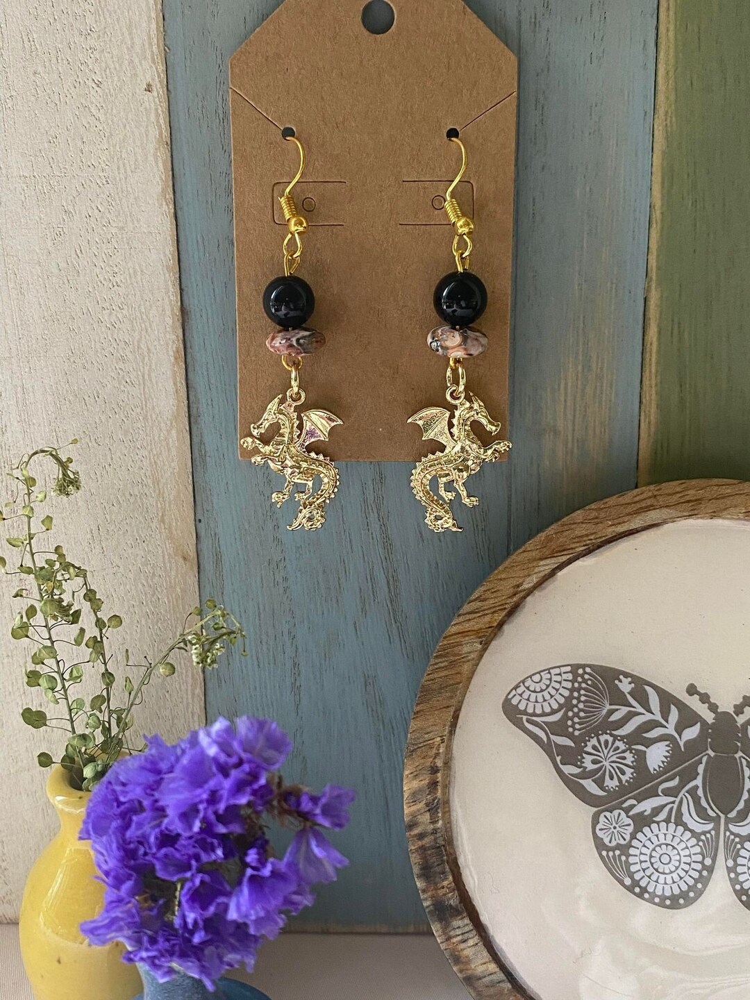 Obsidian and Leopard Skin Jasper Earrings Gemstone Earrings Dragon ...