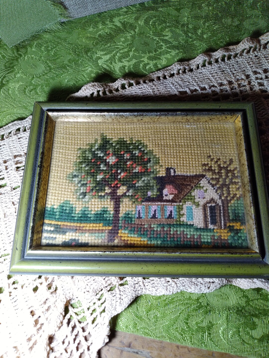 Framed Needlepoint Country Cottage Scene, Farmhouse Wall Decor, Fiber ...