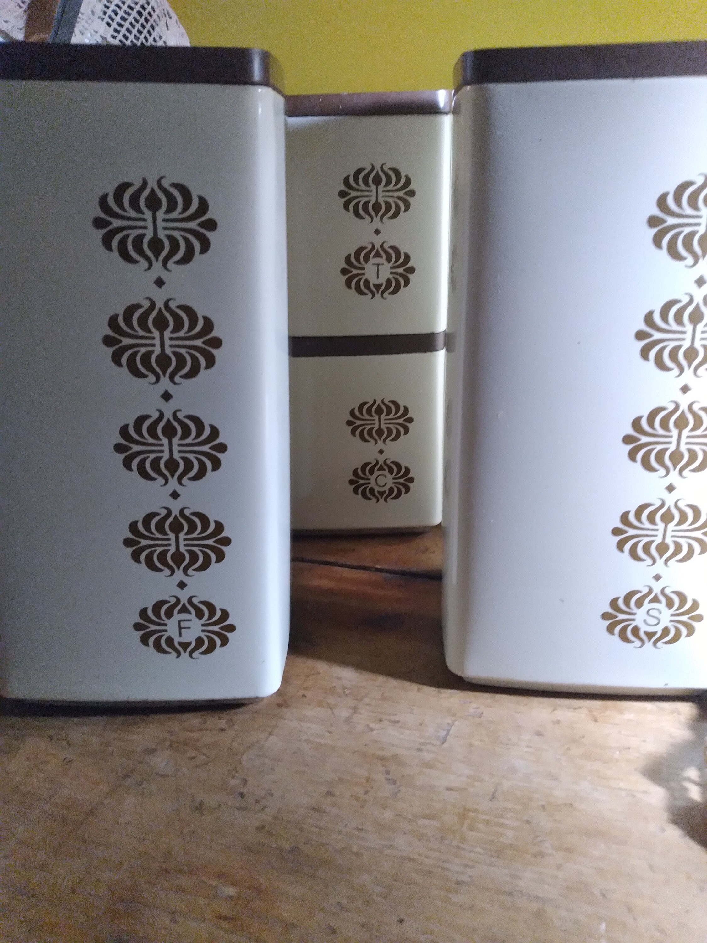Mid-century Bread Box Canister Set for Kitchen, 9 Pieces, Brown and Cream Color, Tea, Coffee ...