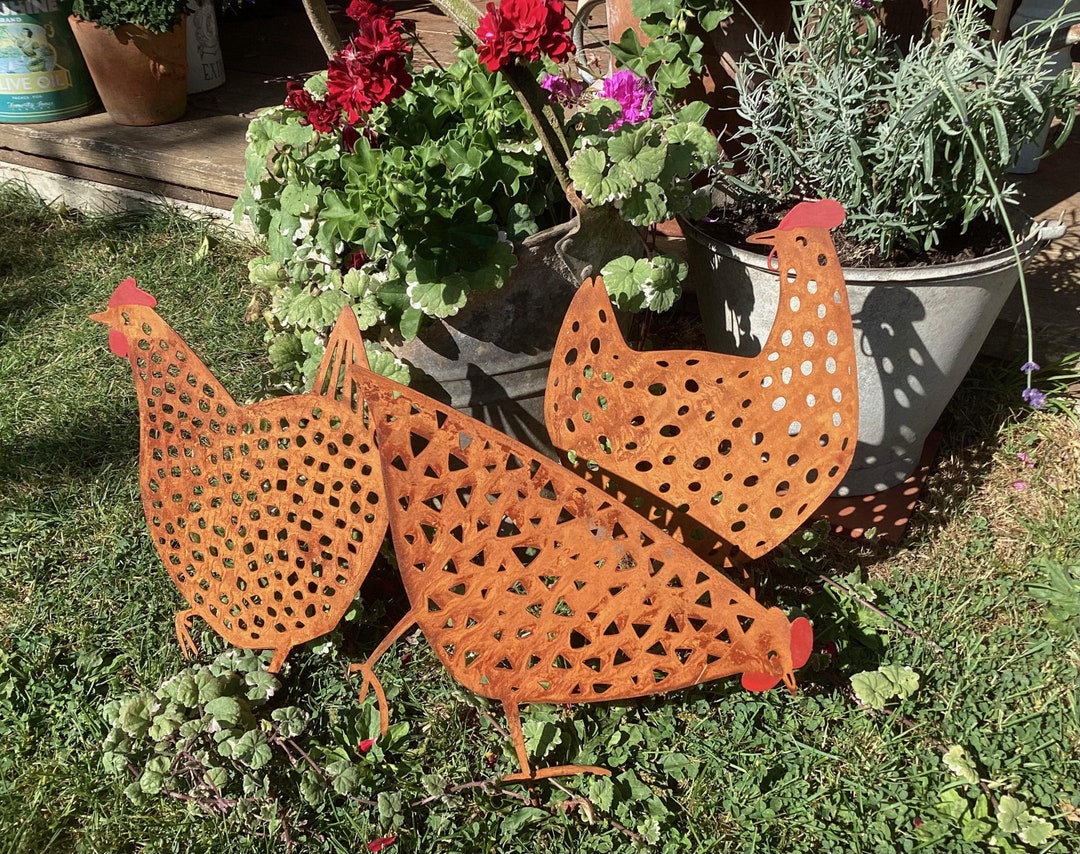 3 Metal Hens, Metal Garden Art, Metal Hens, Chickens, Farm Animal ...