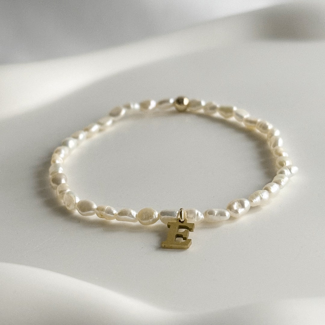 Pearl Gold Initial Charm Bracelet, Pearl Charm Jewellery, Initial ...