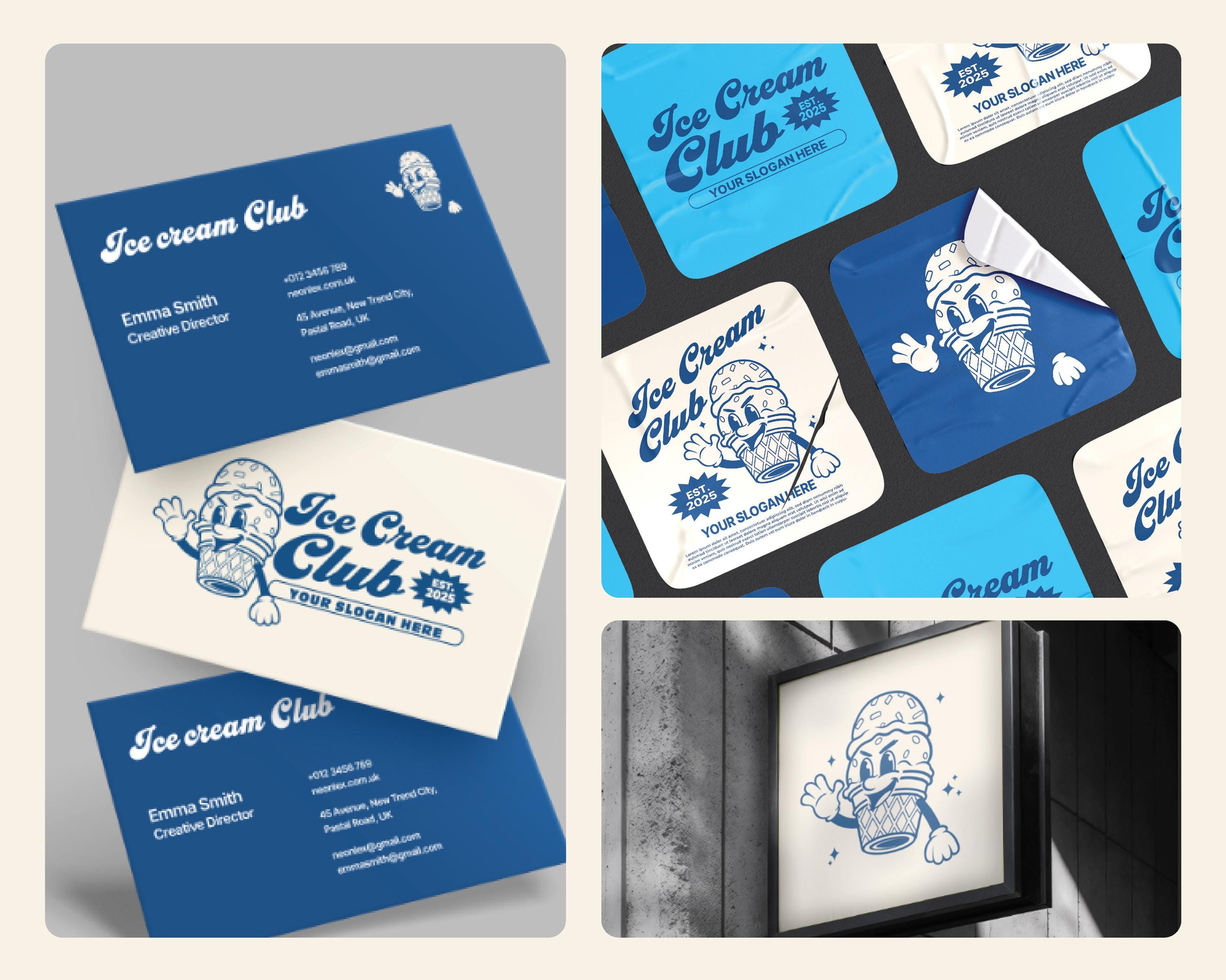 Retro Ice Cream Mascot | Gelato Club Illustration Template for Dessert ...