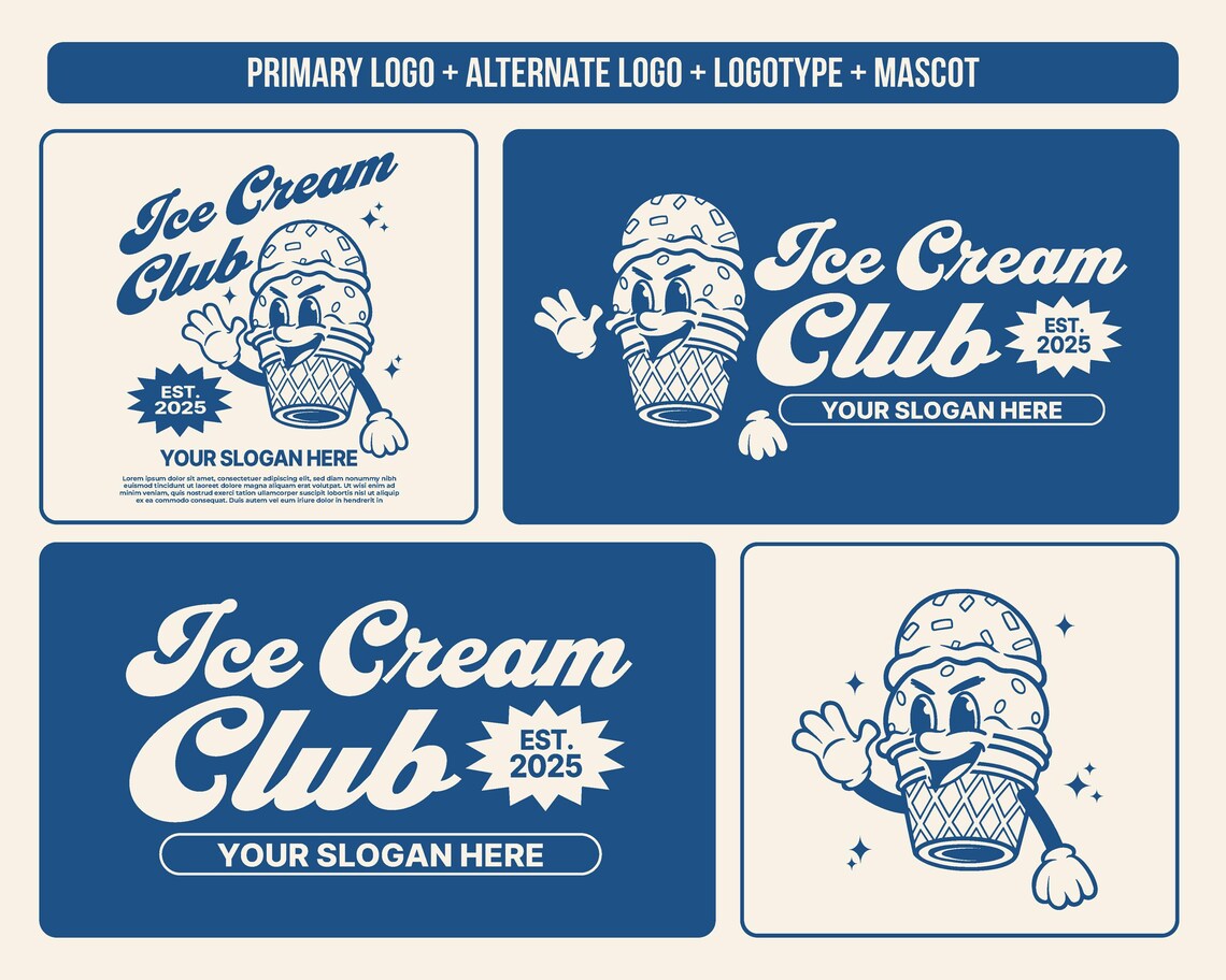 Retro Ice Cream Mascot | Gelato Club Illustration Template for Dessert ...