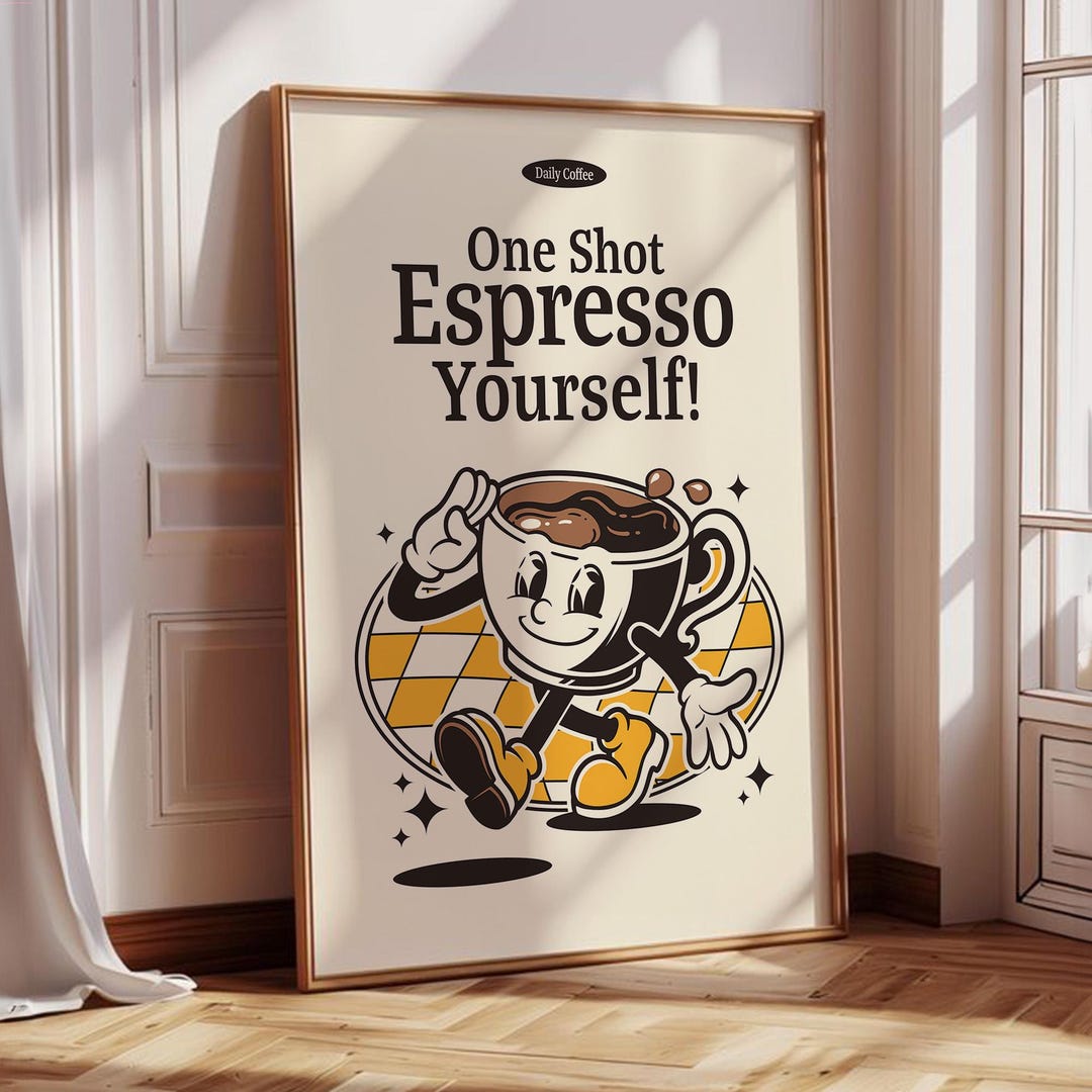 Retro Espresso Cartoon Illustration, Coffee Quote Wall Art for Cafe ...