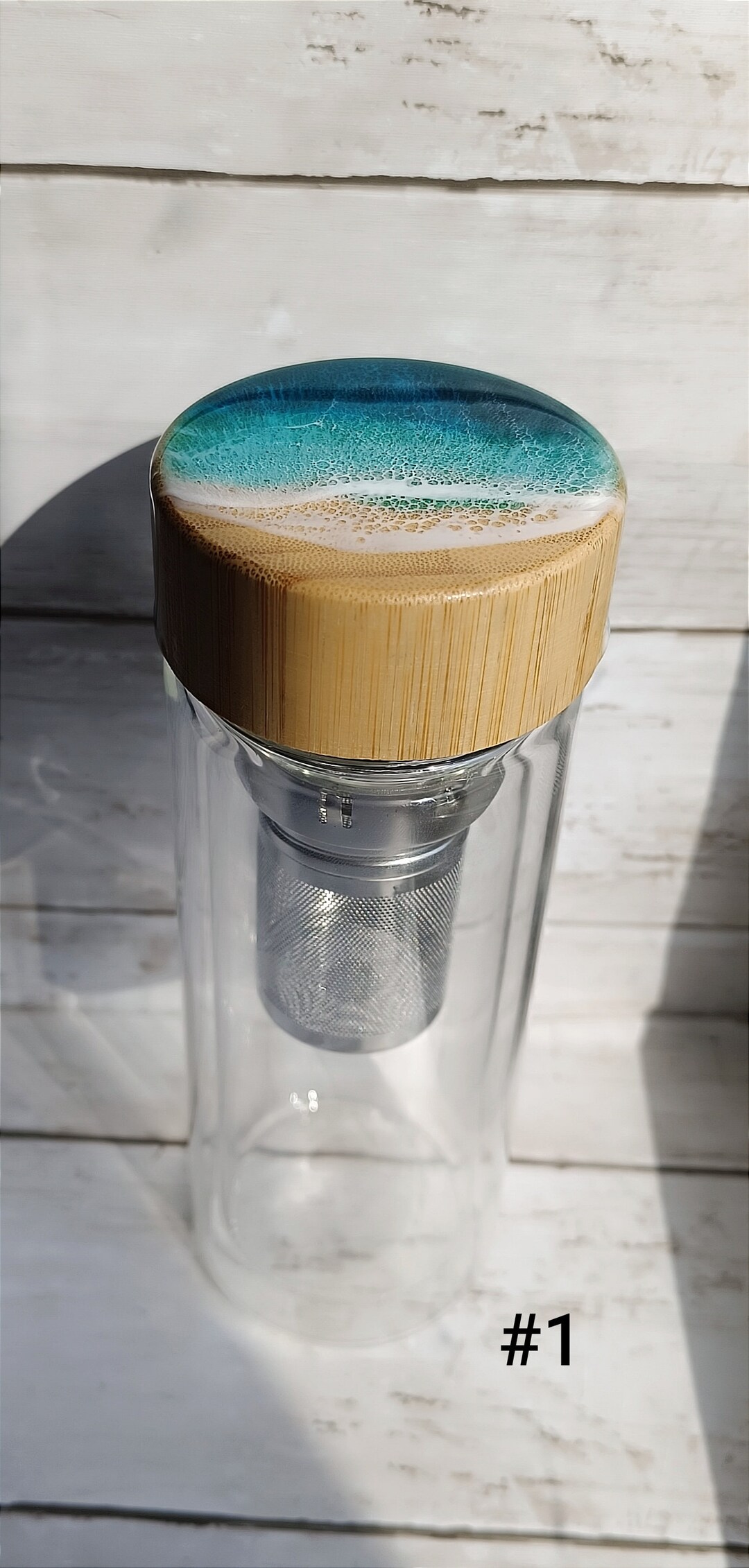 Bottle With Tea Infuser, Bamboo Cap With Ocean Effect Epoxy Resin - Etsy