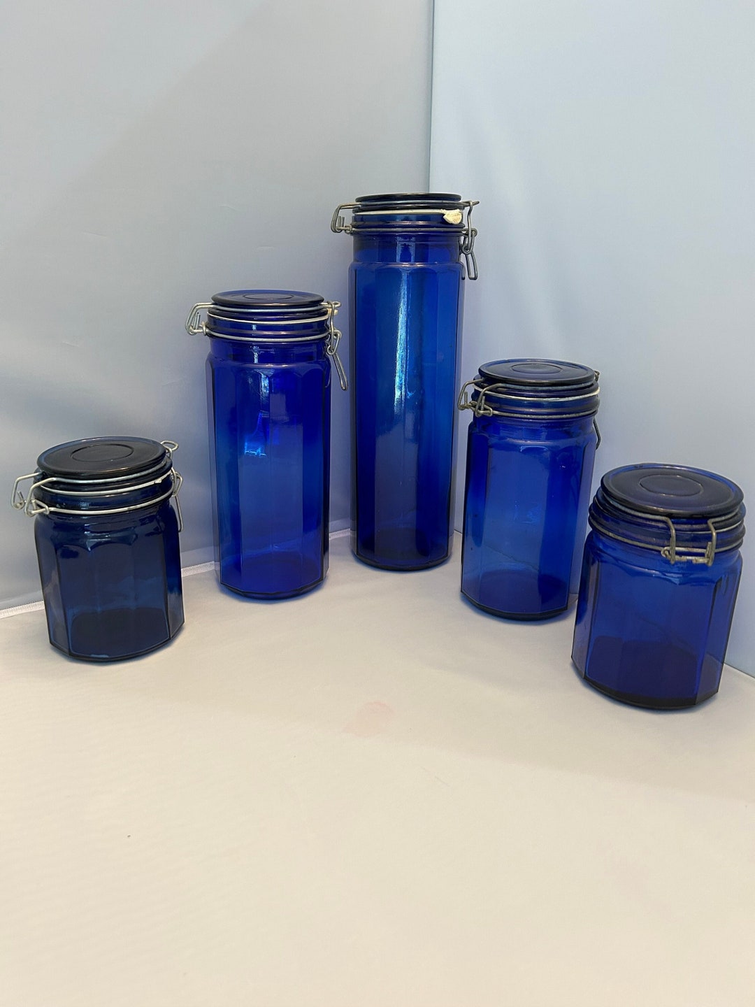 Apothecary Hinged Cobalt Blue Canisters, Need Gaskets, 5 Jars, 12 3/4 ...