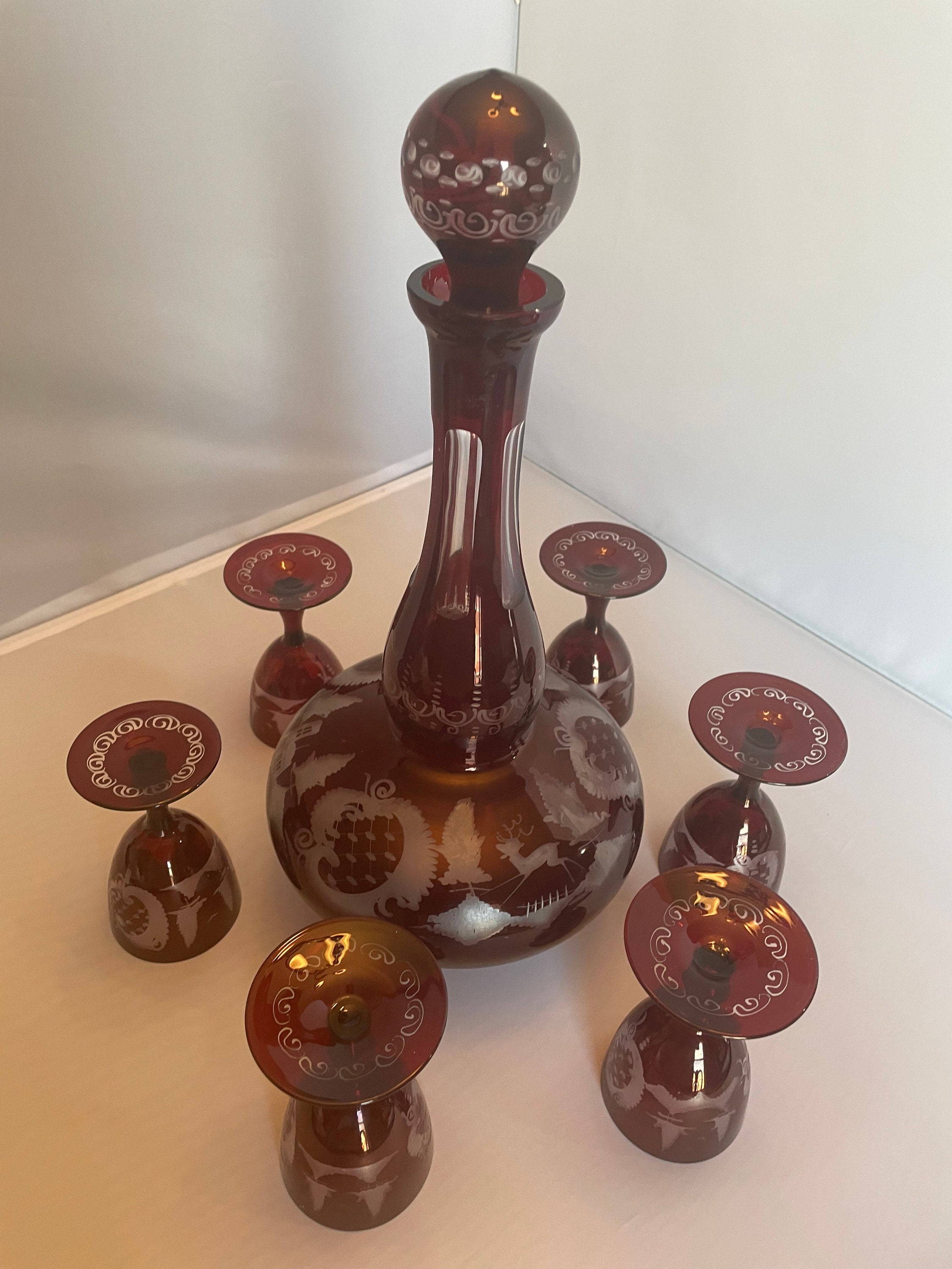 Czech Bohemian Ruby Red Decanter and Six Glasses - Etsy