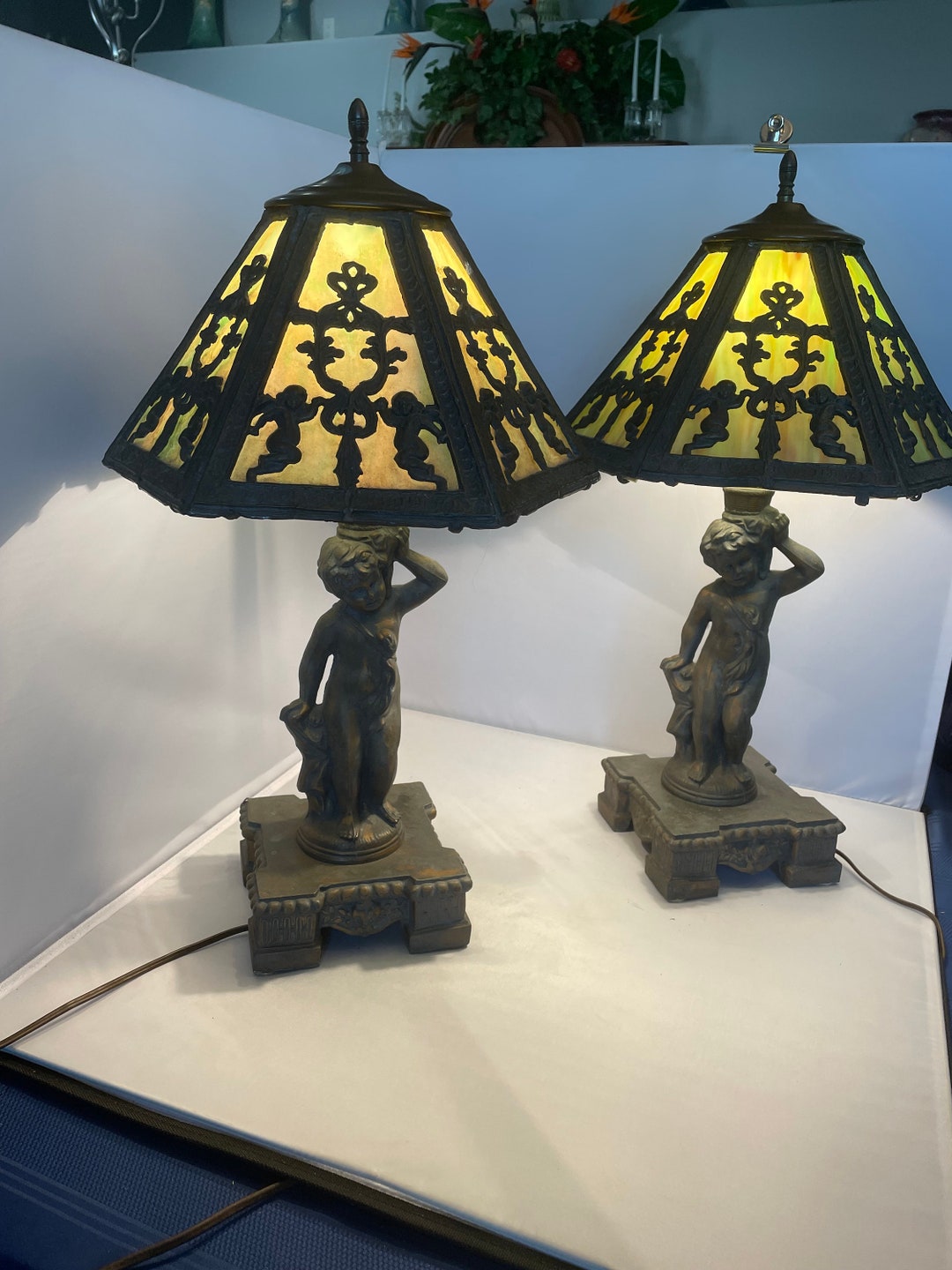 Art Nouveau 1920's Stained Slagg Glass Table Lamps by Poul Hornison - Etsy
