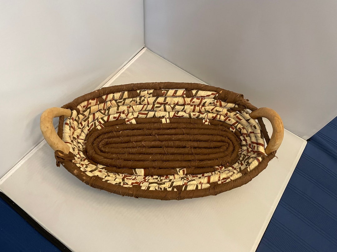 Vintage Rag Rug Basket With Wooden Handles - Etsy