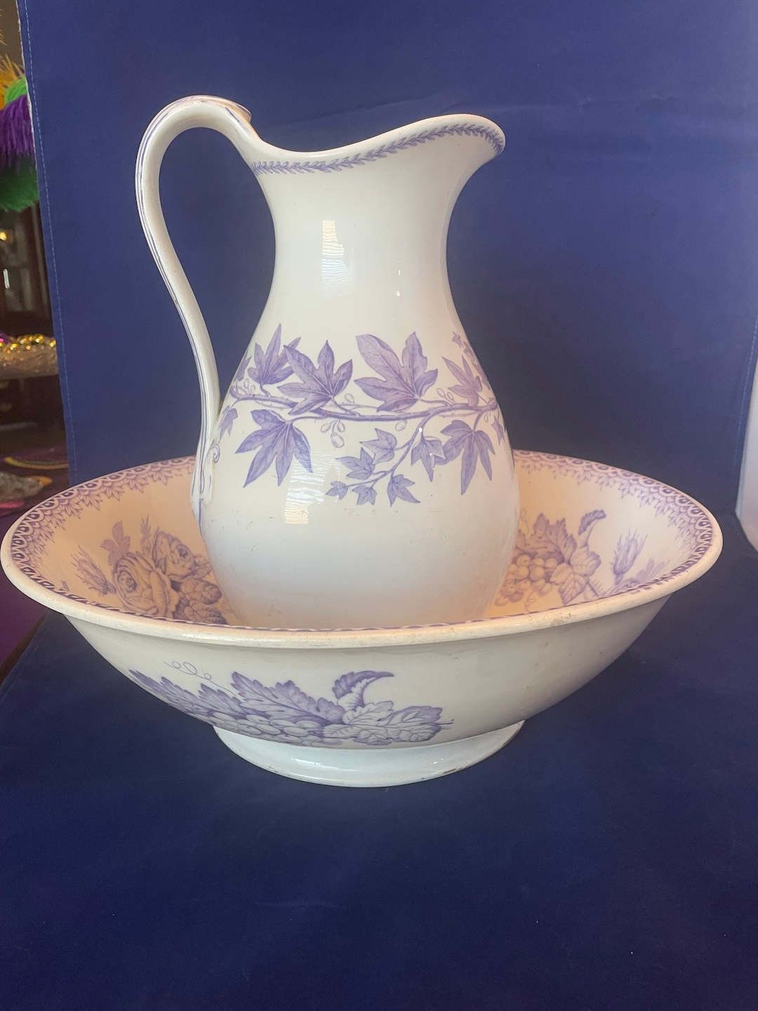 Pitcher and Wash Basin in Lavender and White With Roses and Fruit - Etsy