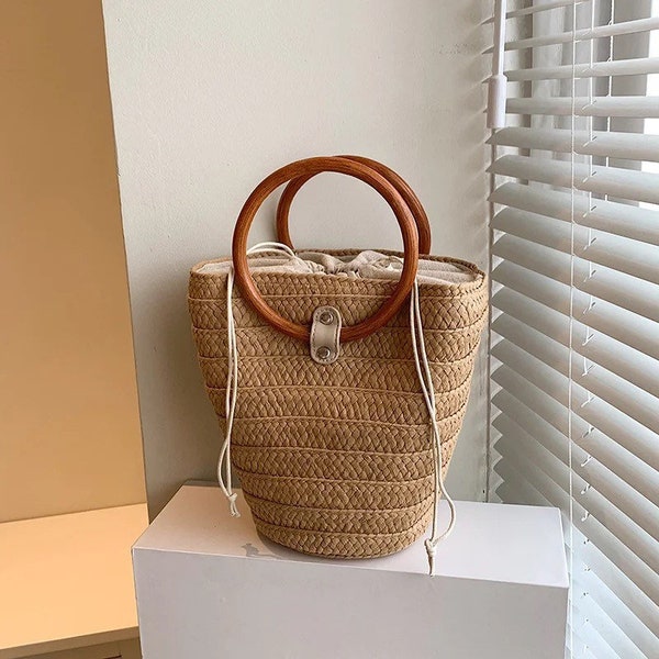 Leather and Straw Bucket Bag - Etsy