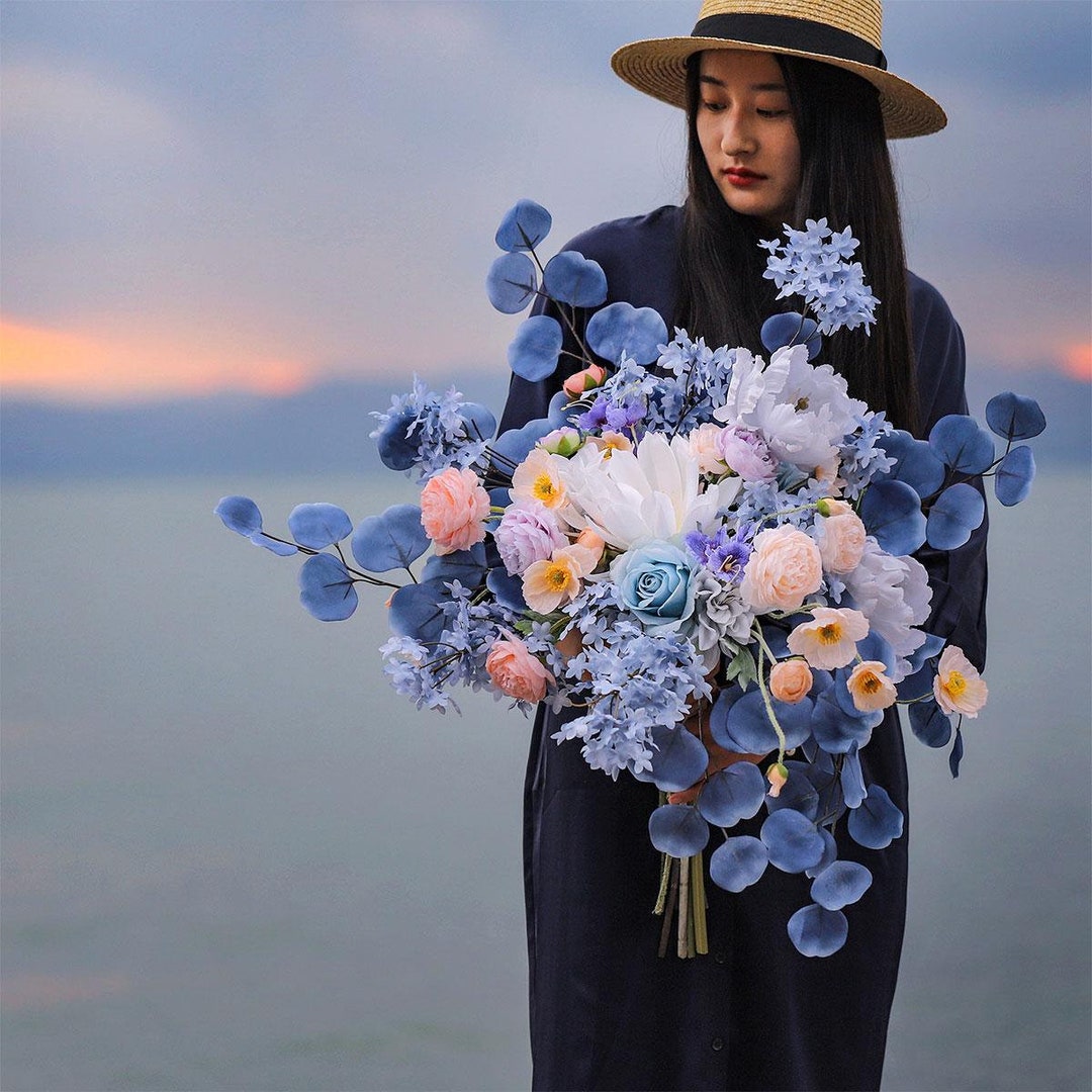 Prussian Blue Artificial Floral Bouquets Arrangement Decoration ...