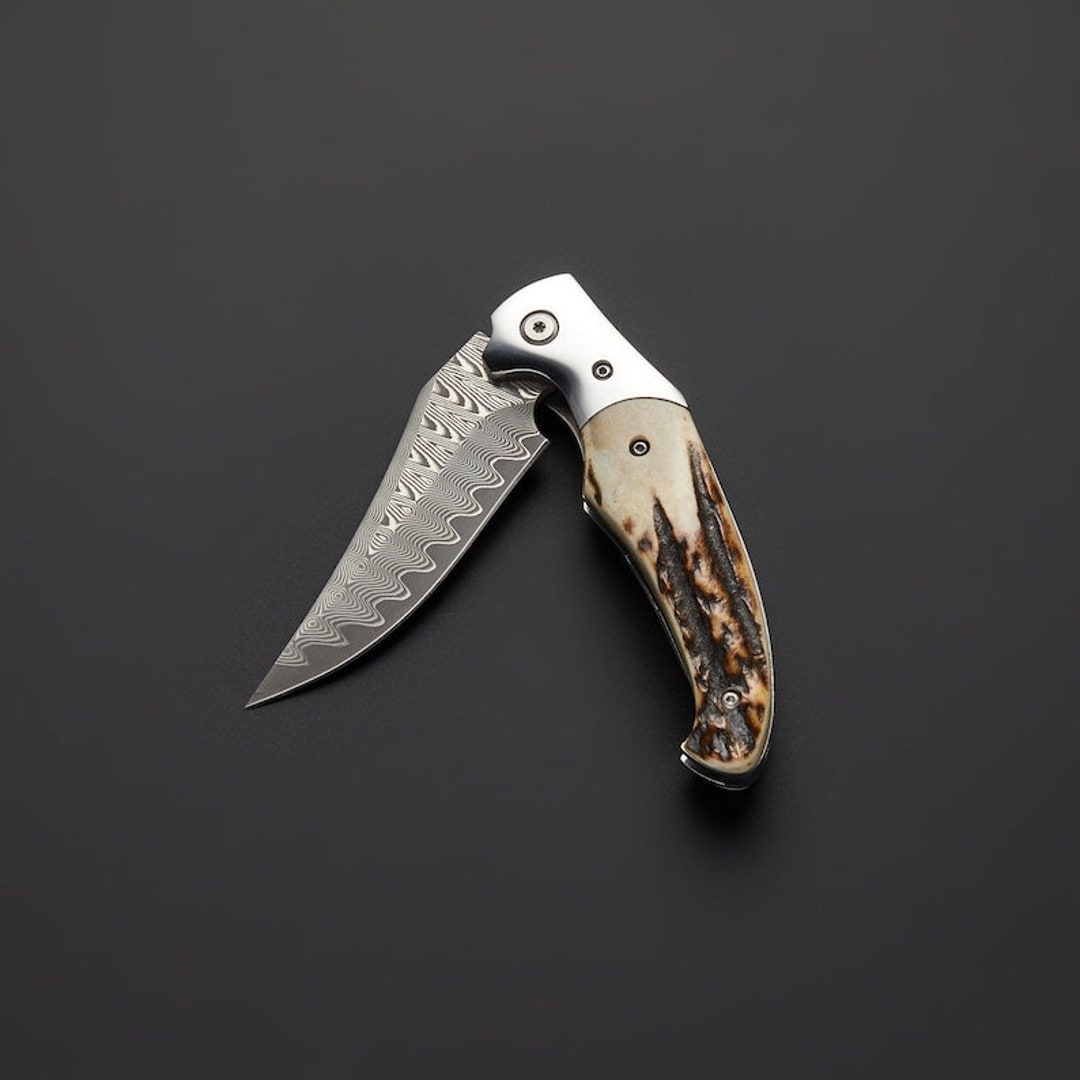 Custom Handmade Folding Knife, Damascus Pocket Knife With Stag Horn ...