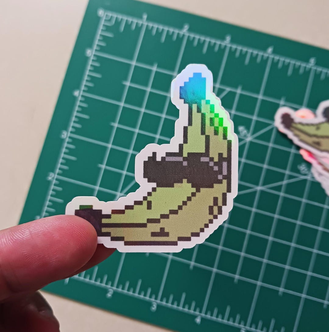 Fuzzy Banana // Funny Mustache Pixel Art Fruit HOLO-STICKER - Etsy