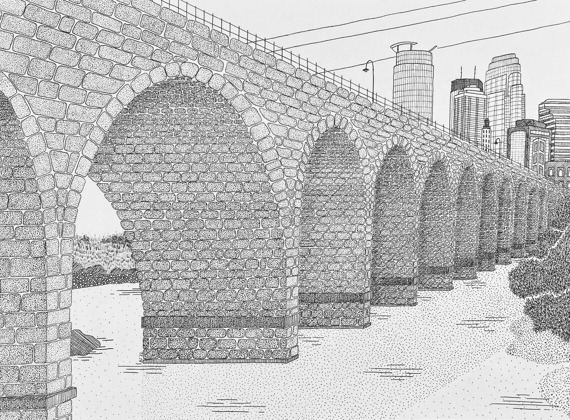 Stone Arch Bridge | 8x10 Inch Hand-drawn Illustration - Fine Art Print ...
