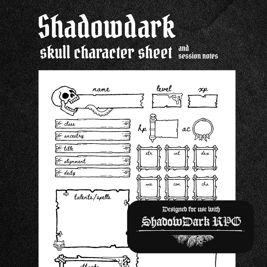 Shadowdark Skull Character Sheet and Session Notes, OSR, Dnd, Dungeons ...