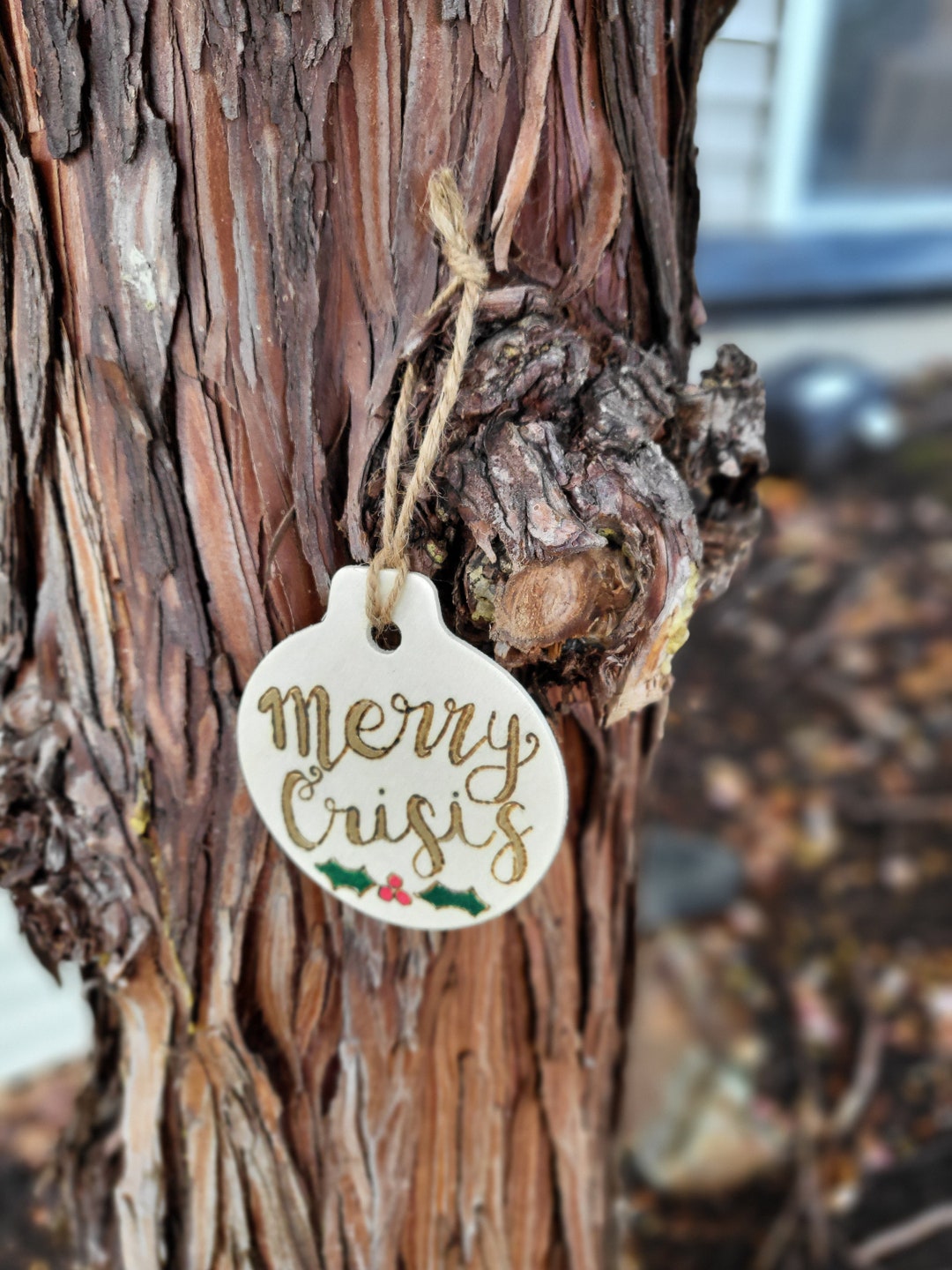 Merry Crisis Wood Burned Ornament, Pyrography, Holiday Ornament ...