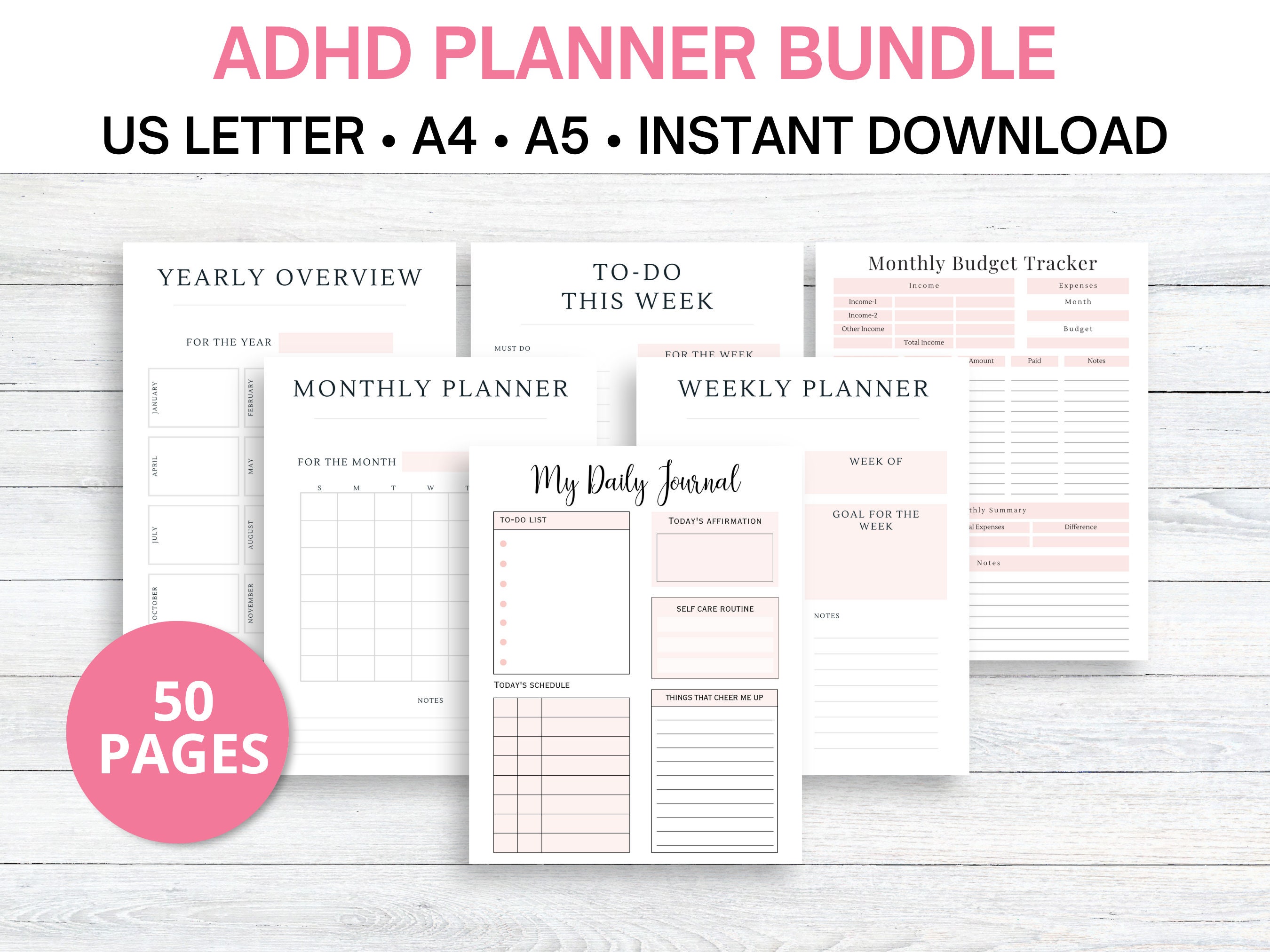 Adult ADHD Planner Bundle, Instant Download, PDF Print, Planner ...