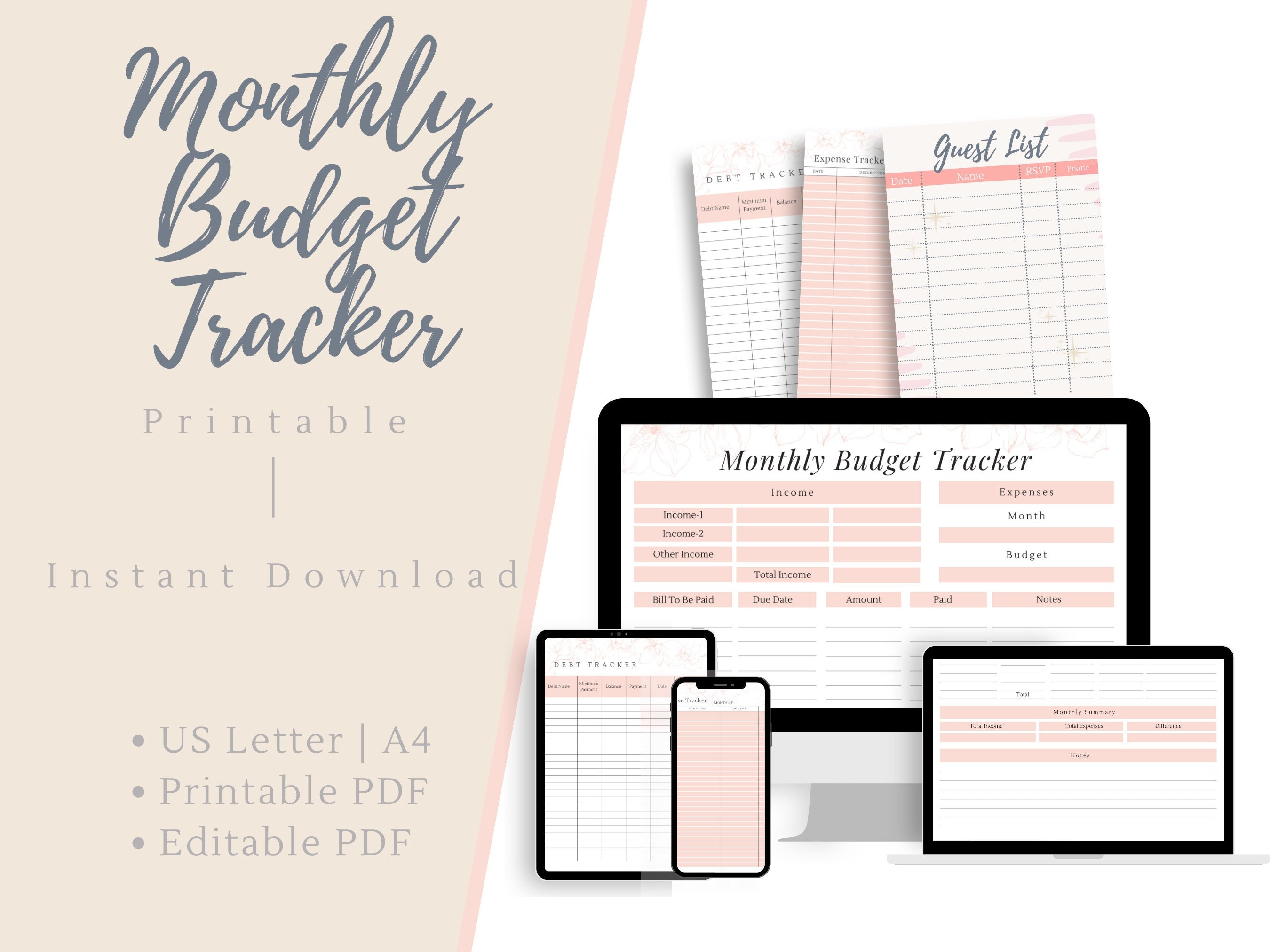 Monthly Budget Tracker Printable Bundle (editable PDF) - Etsy