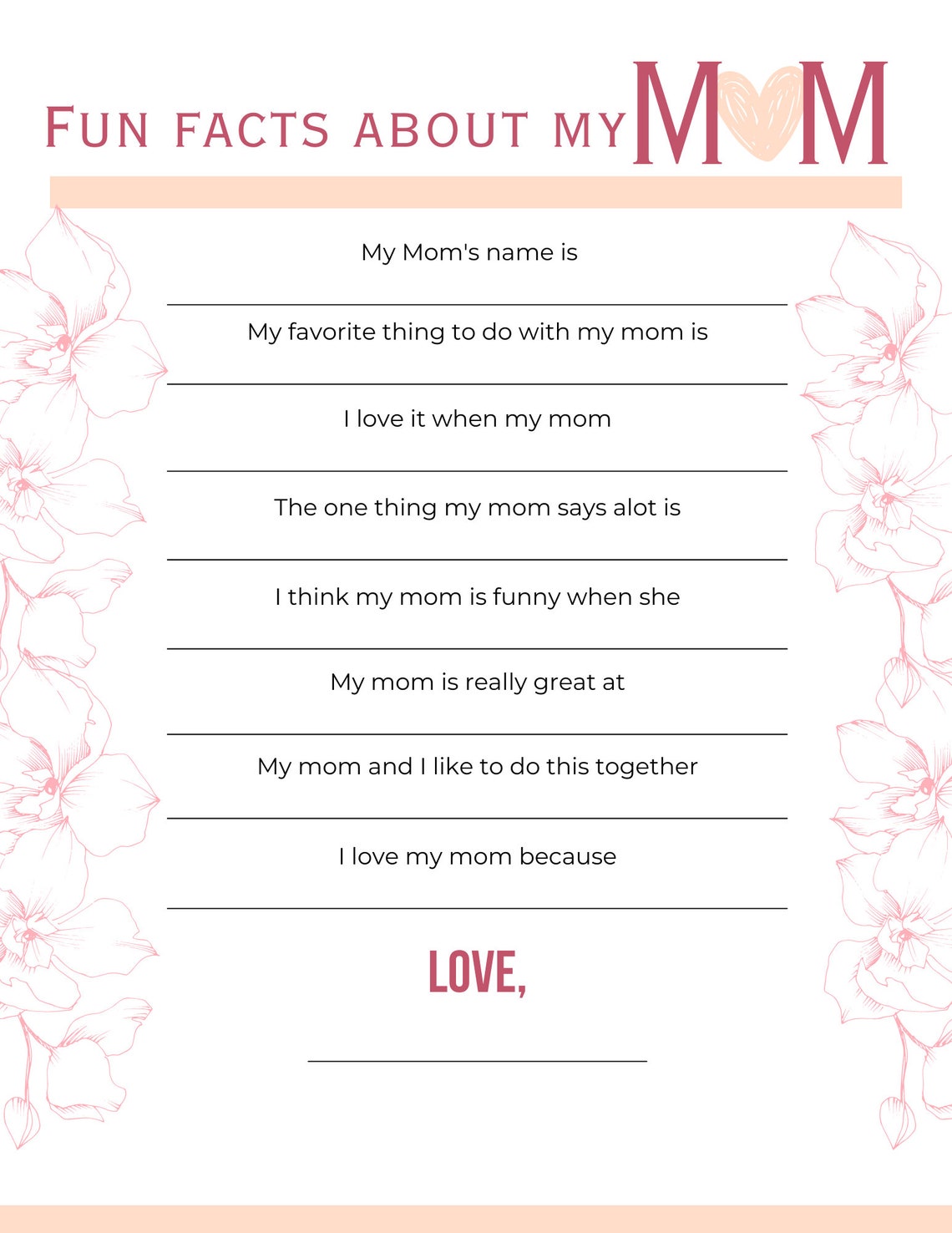 Fun Facts About My Mom Questionnaire, Mother's Day Gift (PDF Download ...