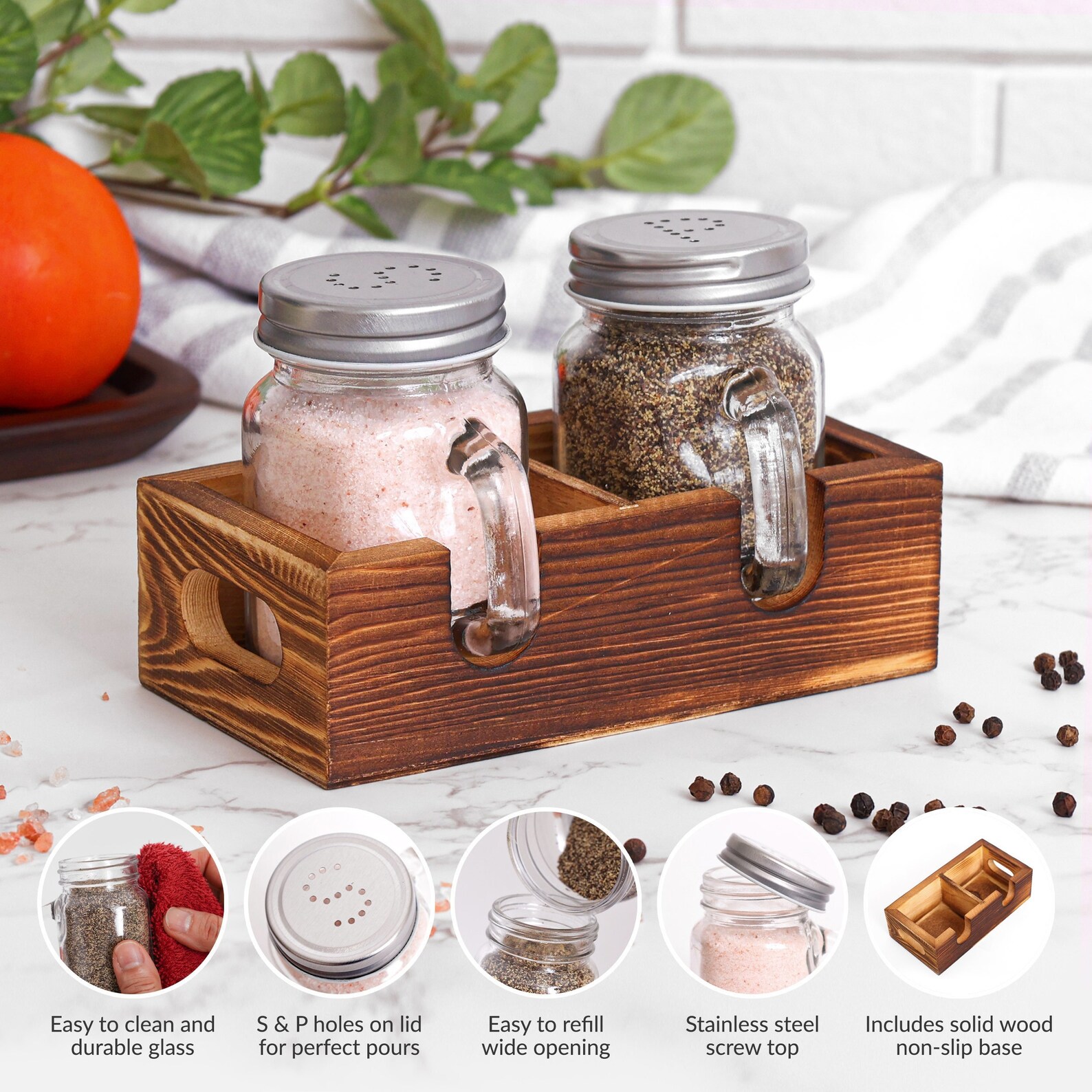 Mason Jar Salt and Pepper Shaker Set With Wood Caddy for - Etsy