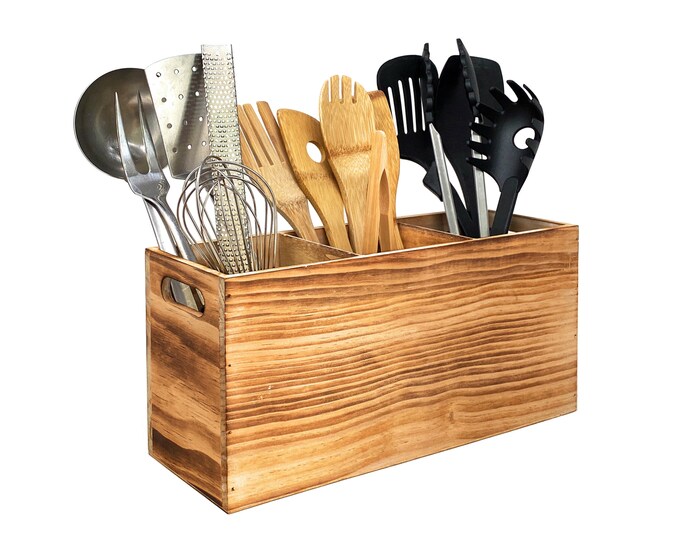 Acacia Wood Rotating Lazy Susan Utensil Holder - Etsy