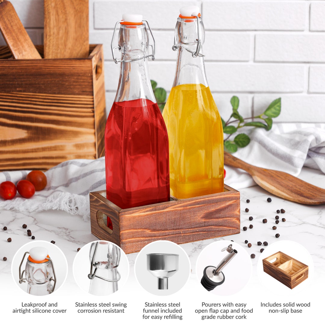 Flip Top Glass Bottles Set of 2 With Wood Tray, Pourer & Funnel, 17oz ...