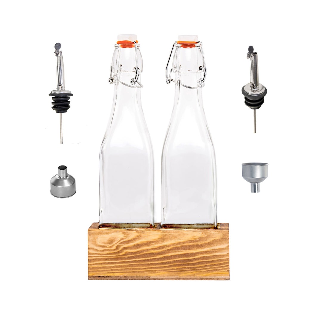 Flip Top Glass Bottles Set of 2 With Wood Tray, Pourer & Funnel, 17oz ...