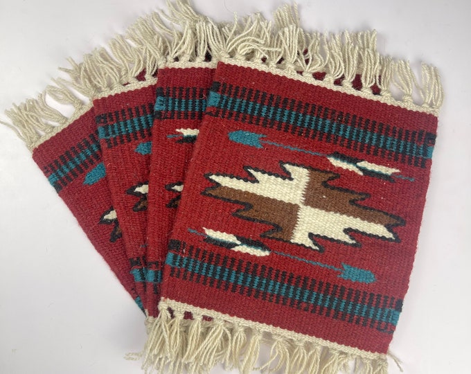 Set of 4 Woven Aztec Wool Placemats 10" X 10” Boho Southwest Table Rug ...