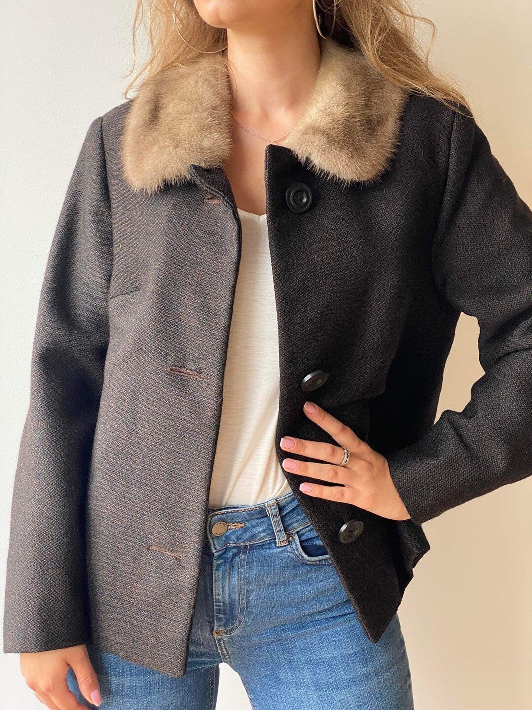 Vintage Wool Jacket With Mink Collar for Women Autumn Warm Winter M-L ...