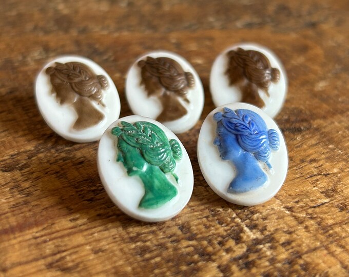 Elegant Set of 5 Vintage Cameo Buttons in White, Brown, Blue & Green in ...