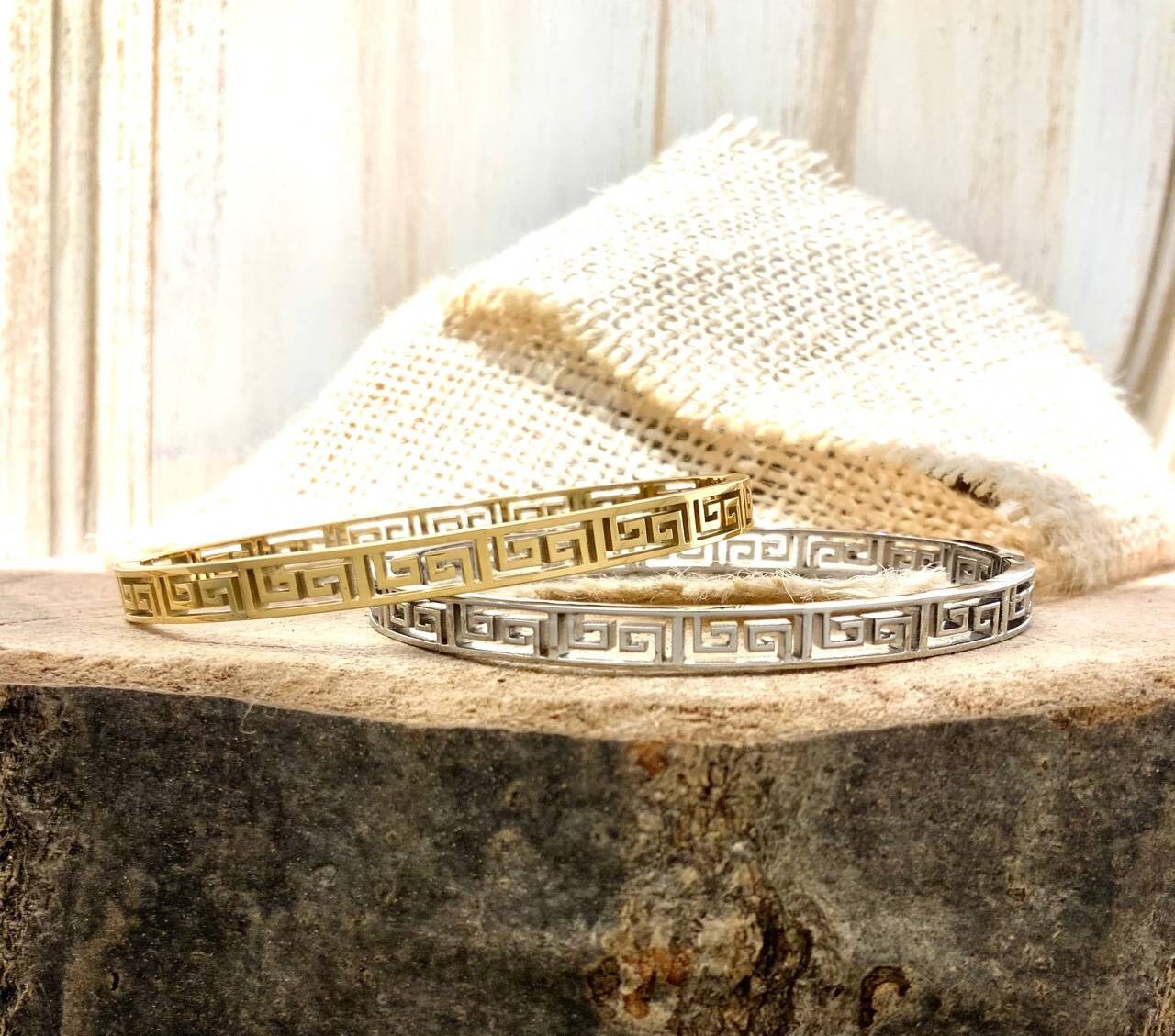 Greek patterns bangle bracelet no coloration gold plated | Etsy